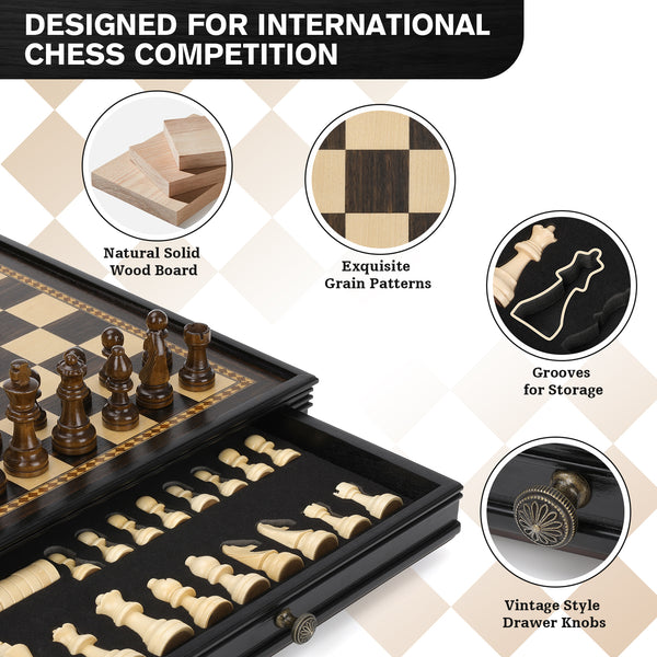 Peradix 12.8" Magnetic Chess Checkers Sets with 2 Built-in Storage Drawers